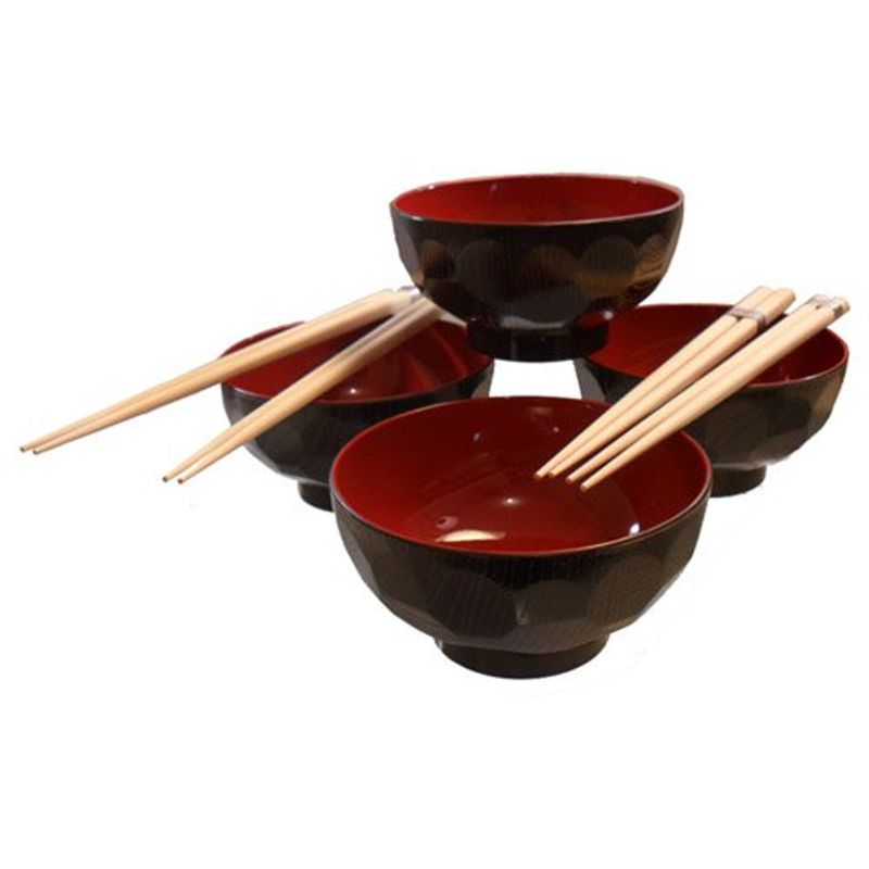 4のセットTraditional Japanese Black & Red Rice Bowl Set with Chopstick ...