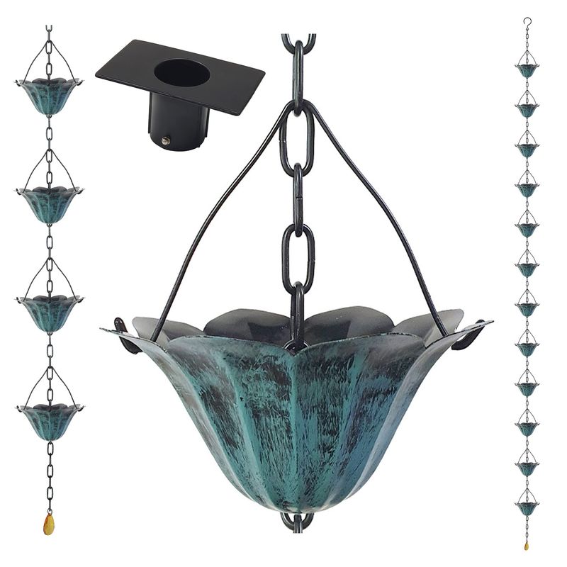 LEPTALINA 8.5FT Lotus Antique Blue Color Iron Rain Chains for Gutter ...