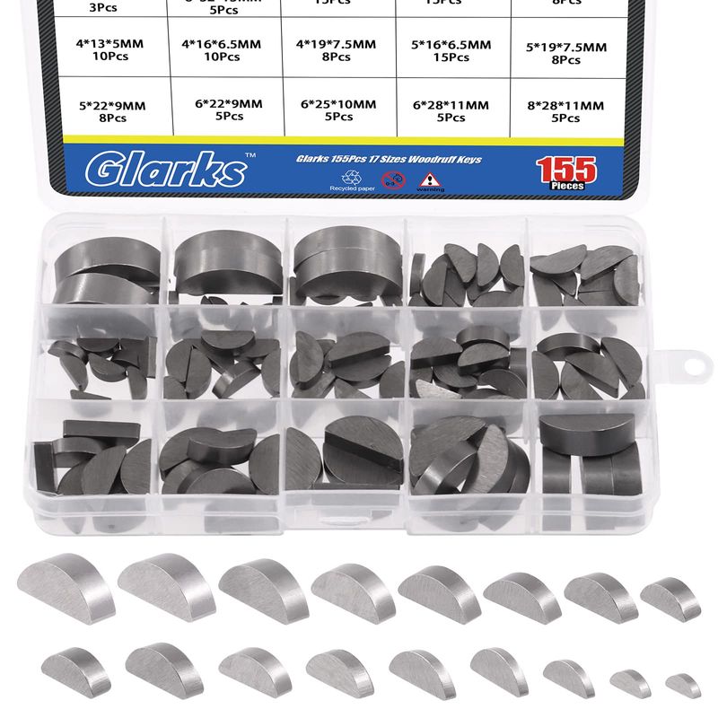 Glarks 155Pcs 17 Sizes Woodruff Keys Assortment Kit Carbon Steel ...
