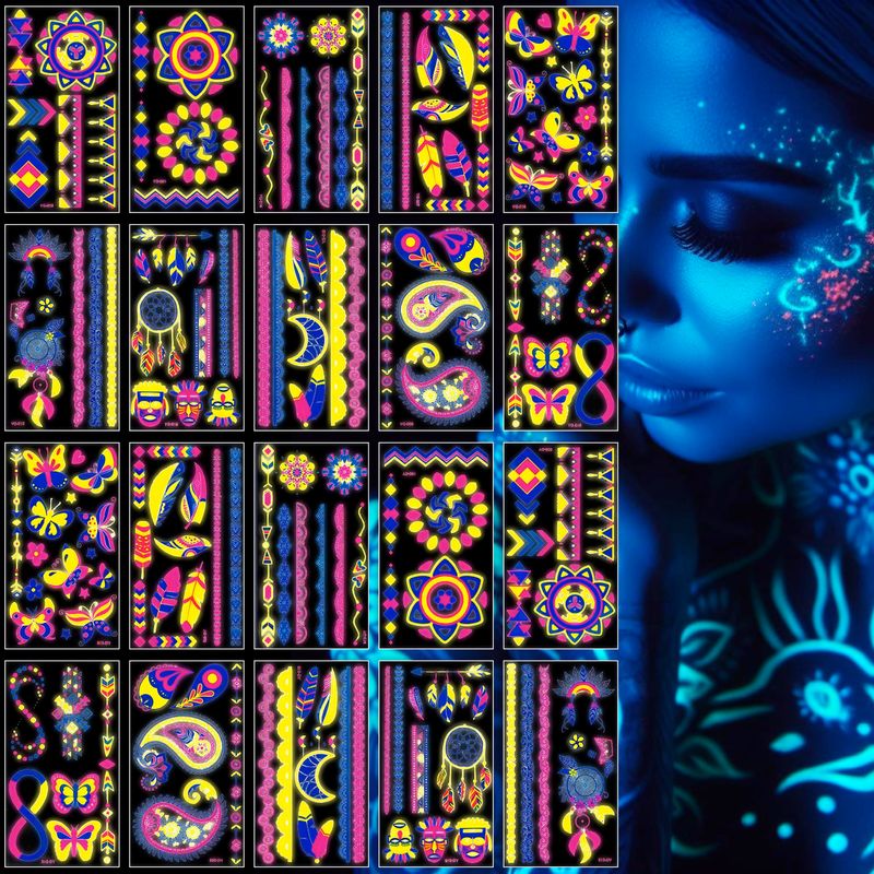 20 Sheet 170+ Unique Designs Glow in the Dark Neon Temporary Tattoo ...