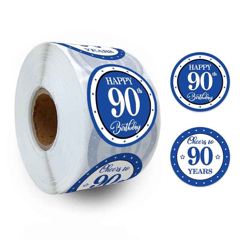 REWIDPARTY Blue 90th Birthday Stickers Rolls（500 PCS） Cheers to 90 ...