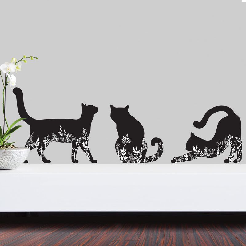 Cat Decals - Black and White Floral Silhouette - Set of 3 - EveryMarket