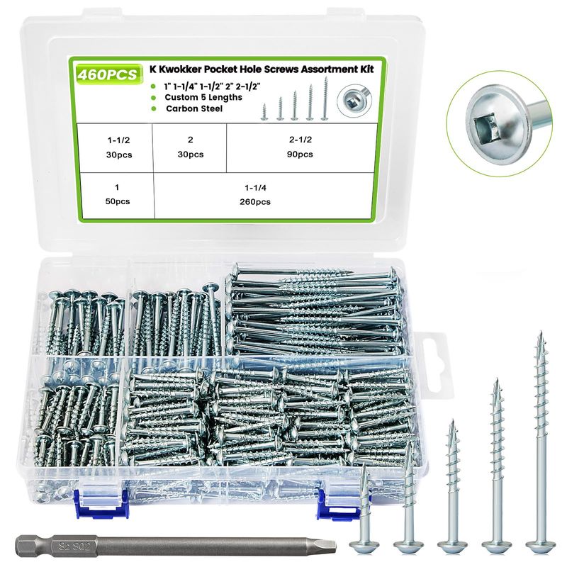 K Kwokker 460Pcs Pocket Hole Screws, 1" 1-1/4" 1-1/2" 2" 2-1/2" Wood ...
