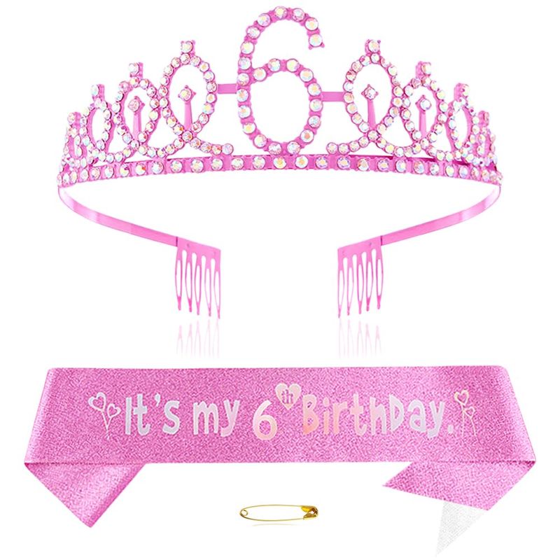 Pink 6th Birthday Tiara Sash for Girls Princess Crown Crystal Queen Tiara Birthday Headbands ...