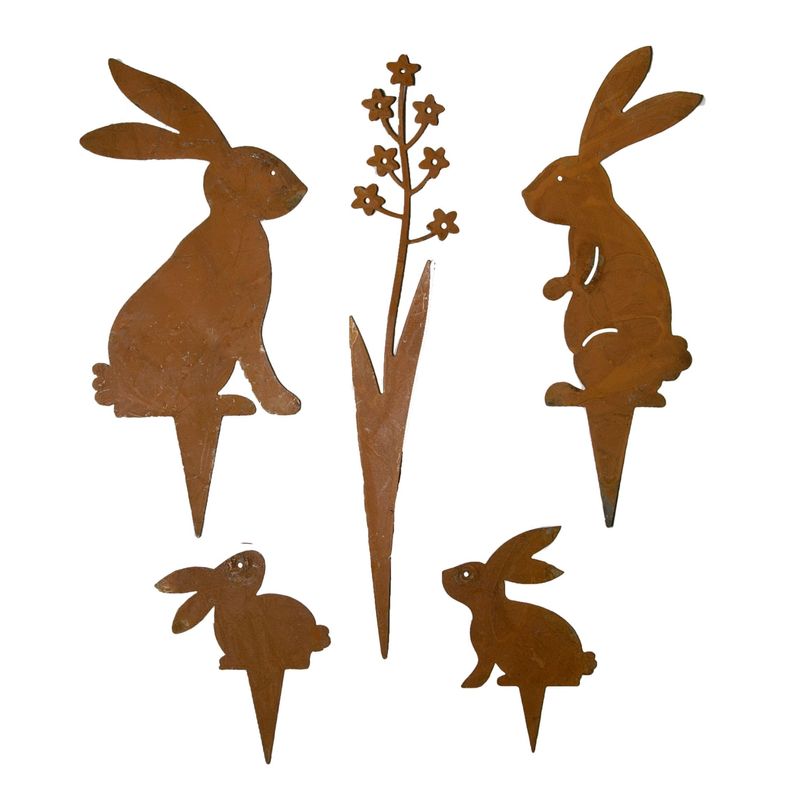 Set of 5 Decorative Garden Stakes, Rabbit and Flowers, Metal Patina - Online Marketplace ...
