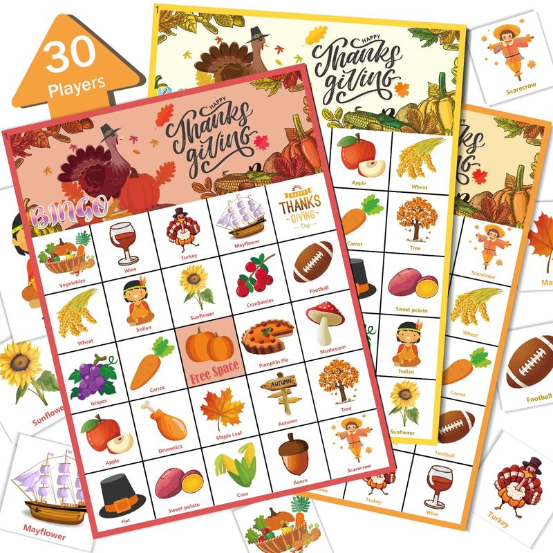 VESPRO 46PCS Thanksgiving Bingo Game Cards for 30 Players Thanksgiving ...