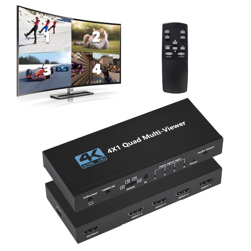 HDMI Multiviewer Switch 4x1, Quad Seamless Switcher 4 in 1 Out with IR ...