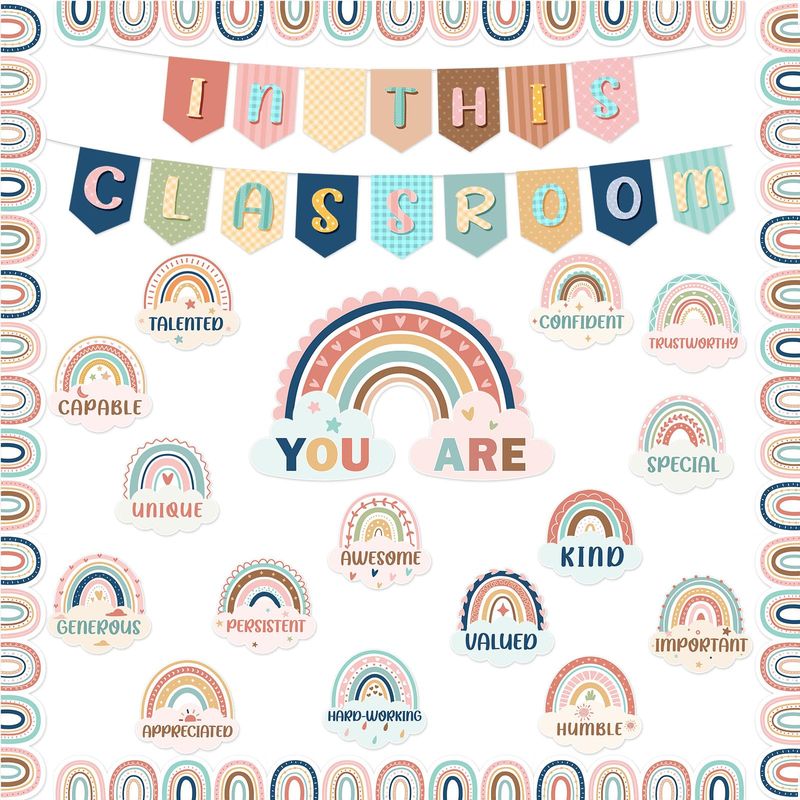 Dispowreath 51 Pcs Boho Inspirational Bulletin Board Set Rainbow ...