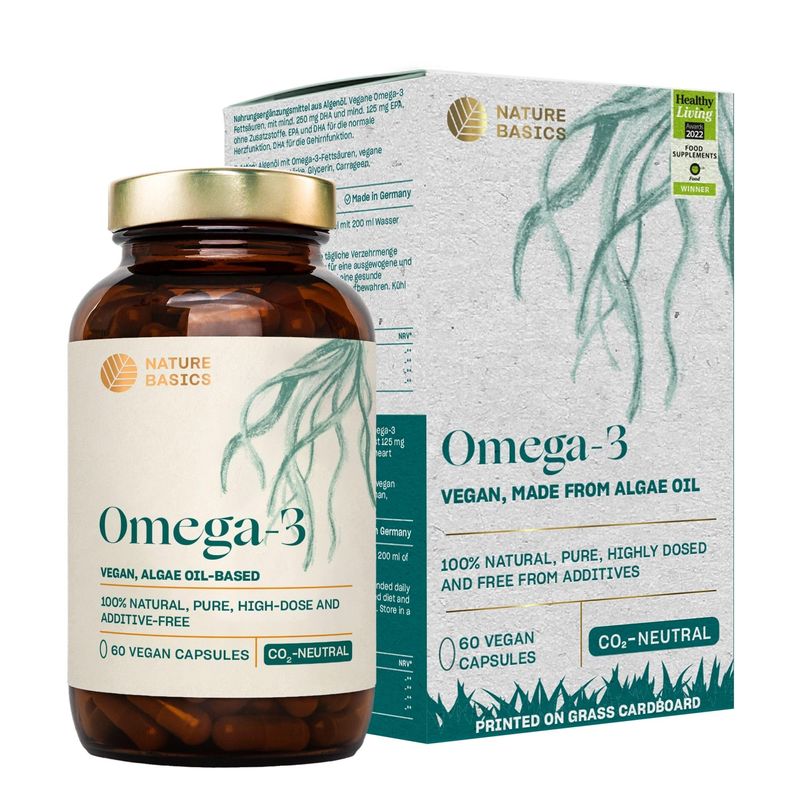 Nature Basics® Algae Oil Omega 3 vegan | 60 capsules highly dosed in a jar | pure unprocessed ...