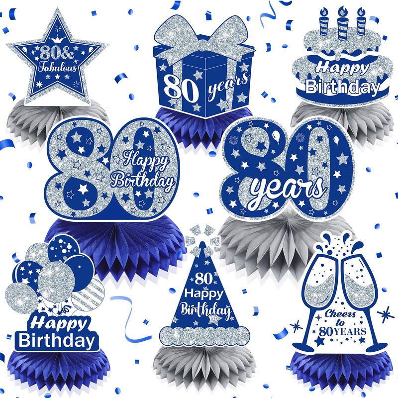 8Pcs Blue 80th Birthday Decorations Navy Blue Silver Happy 80th Birthday Table Honeycomb ...