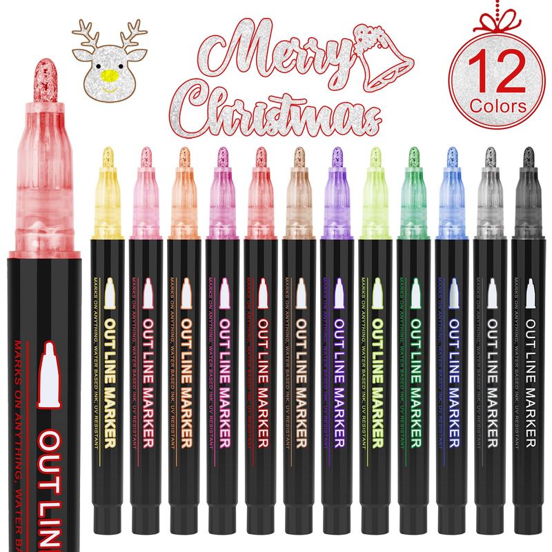 OLINGYOU Outline Markers, 12 Colors Shimmer Markers Set, Self Outline ...