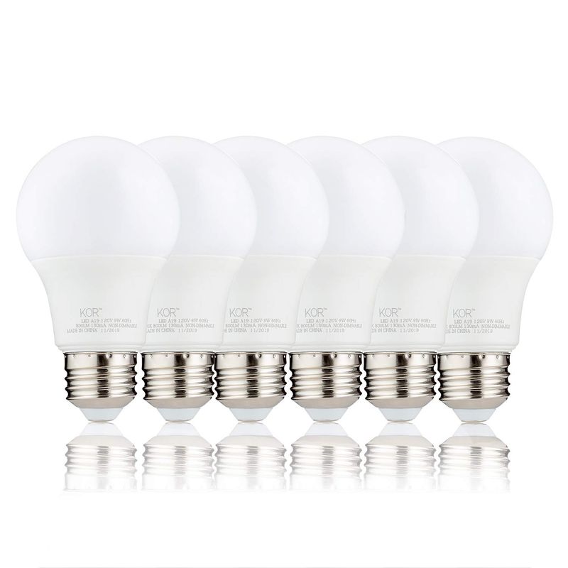 KOR (Pack of 6) 9W LED A19 Light Bulb – (60W Equivalent), UL Listed ...