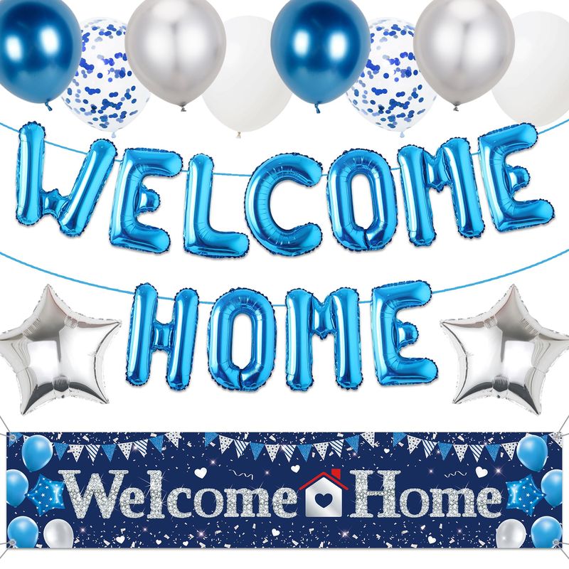 Welcome Home Banner Decorations Backdrop - Blue Silver Welcome Home ...