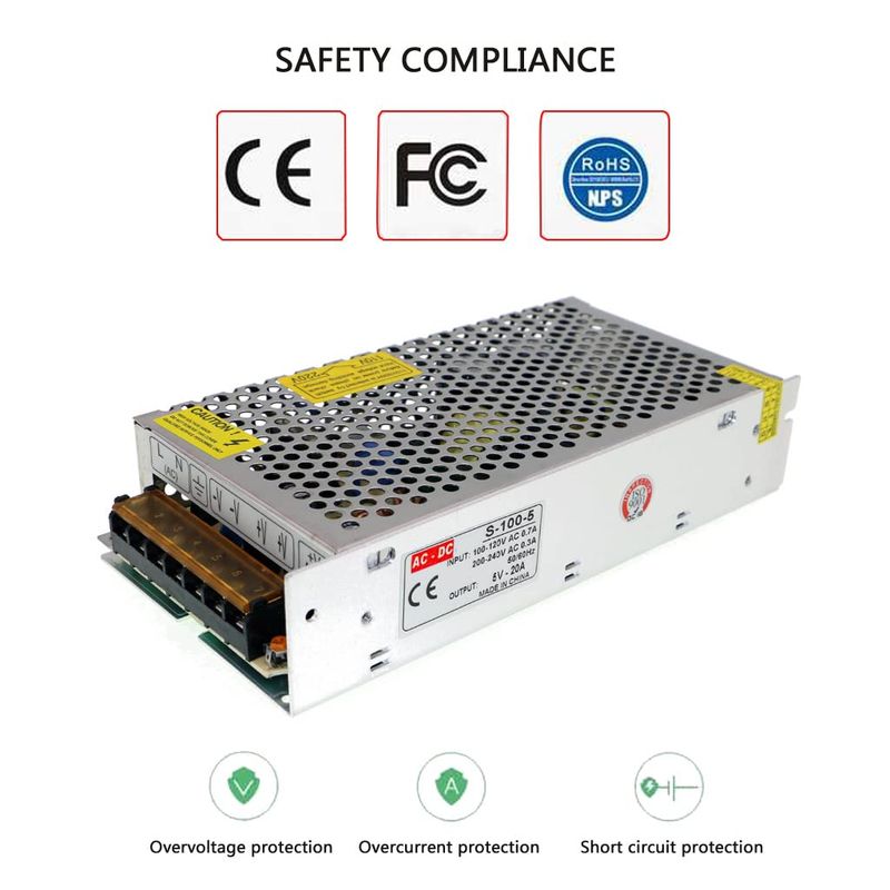 5V 20A Power Supply AC 110V/230V to DC 5V 100W Universal Regulated ...