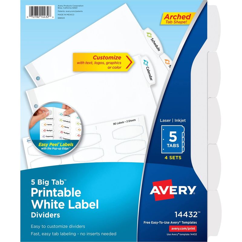 Avery Big Tab Printable White Label Dividers with Easy Peel, 5 Tabs, 4 Sets (14432) - Online ...