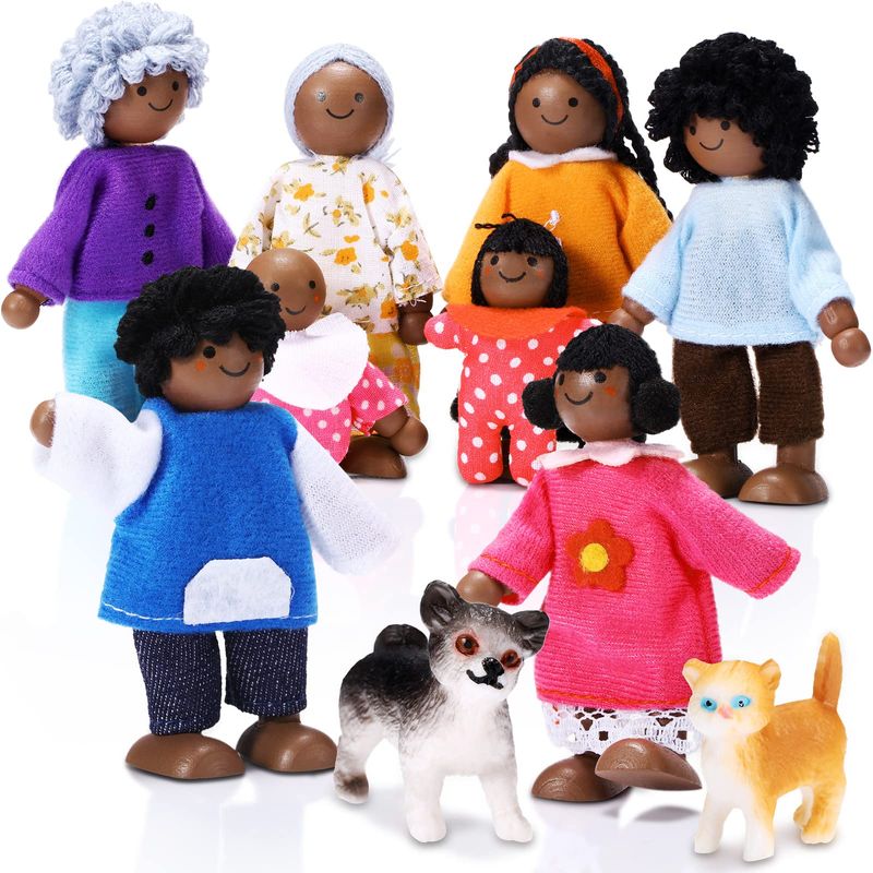 10 Pcs Wooden Dollhouse Family Set of 8 Mini People Figures and 2 Pets ...