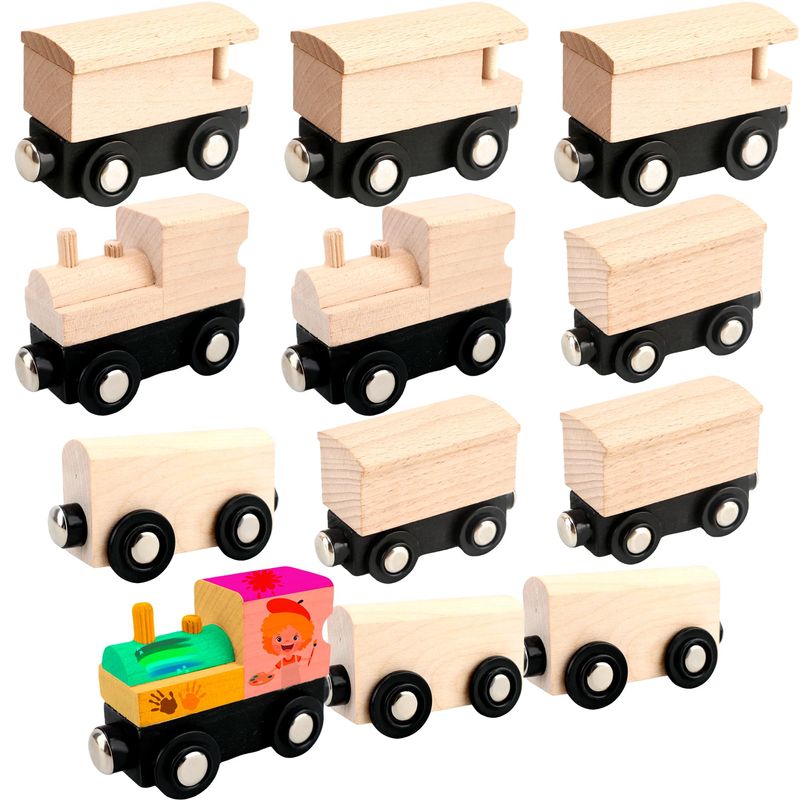 Hoarost 12 Pack Magnetic Wooden Trains Unfinished DIY Wood Craft Train ...