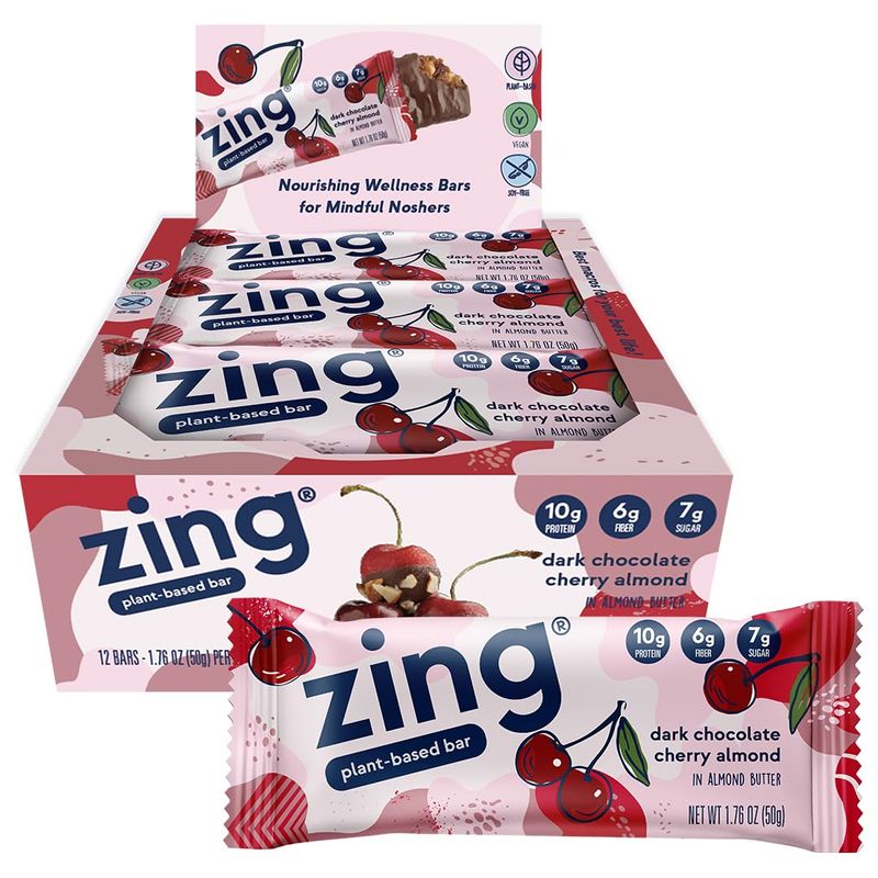 Zing Dark Chocolate Cherry Vegan Protein Bars, Gluten Free with High Protein, High Fiber, Dairy ...