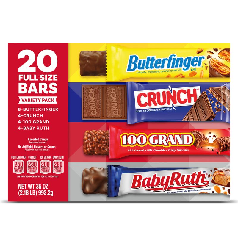 Butterfinger, CRUNCH, Baby Ruth and 100 Grand, Bulk 20 Pack, Assorted ...