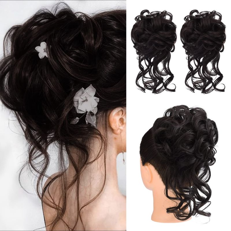 HOOJIH Messy Bun Hair Piece, 2PCS Tousled Updo with Tendrils Hair Bun ...