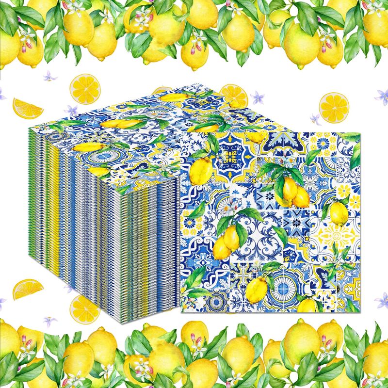 40pcs Blue Tiles Print Lemon Napkins Lemon Party Paper Napkins Tiles ...