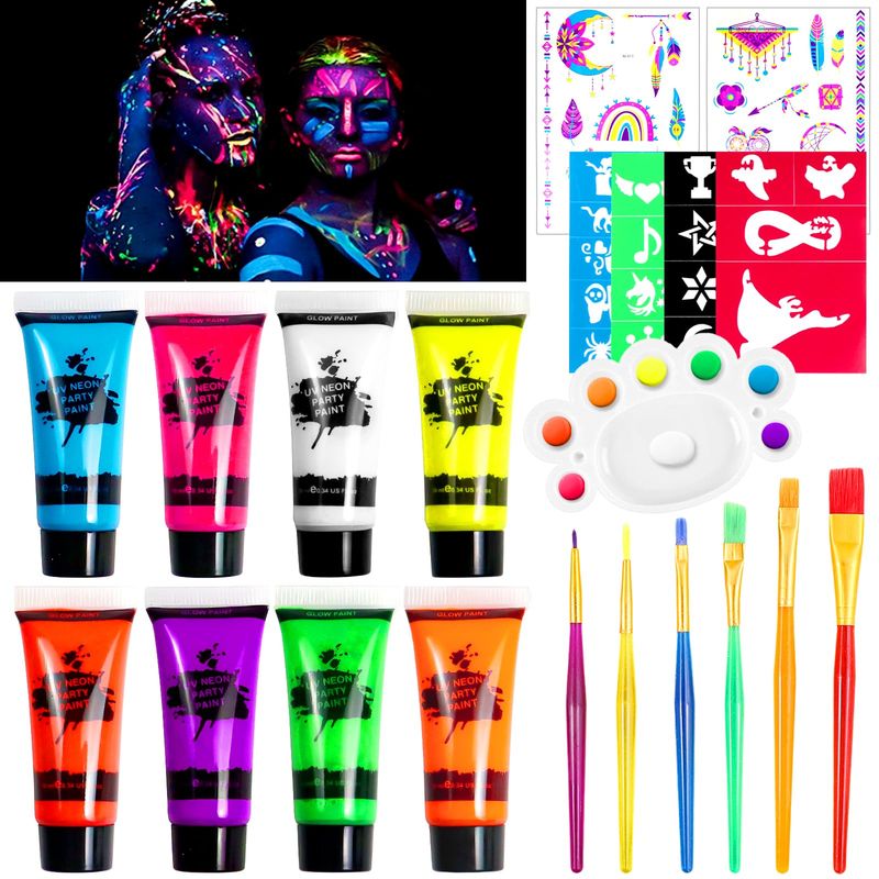 UZSUZZ Ultraviolet Neon Glow Face Body Paint Set, 8 Colors Safe Non ...