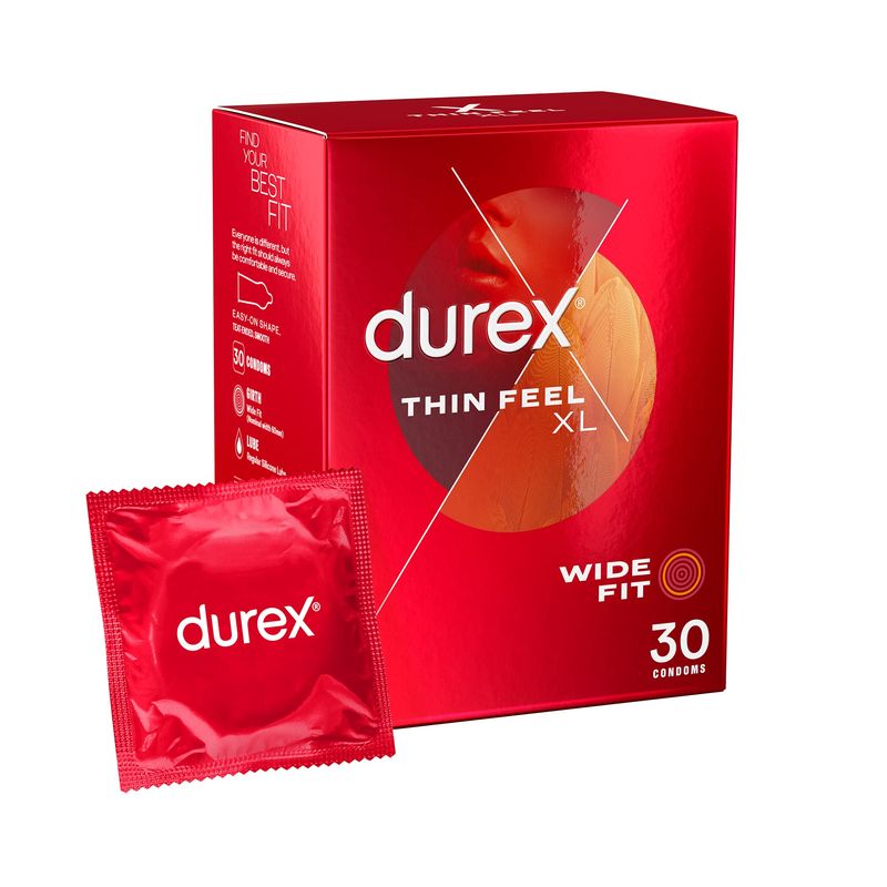 Durex Thin Feel XL Condoms, Wide Fit, 30s, Secure, Tighter, Natural ...