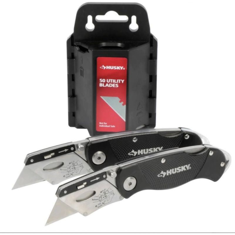 2 Pk HUSKY Folding Utility Knife Quick Change Blade with 50 Blades in ...