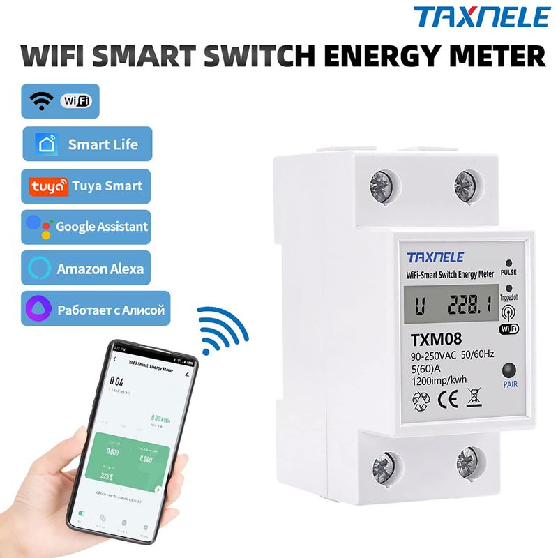 WiFi Smart Energy Monitor Switch Meter AC 90-250V 110V 230V 60A Ammeter ...