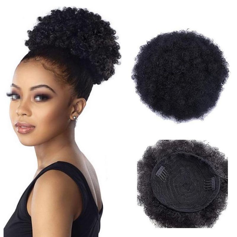 8inch Black Afro Drawstring Bun Ponytail Synthetic Short Curly Hair ...