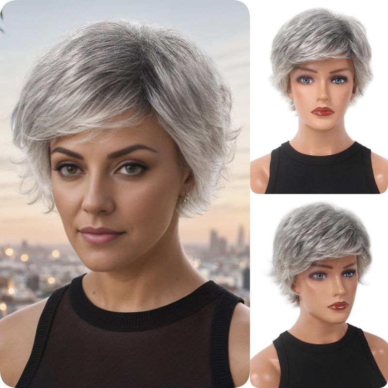 STfantasy Short Ombre Grey Pixie Cut Wig With Bangs for Women Natural ...