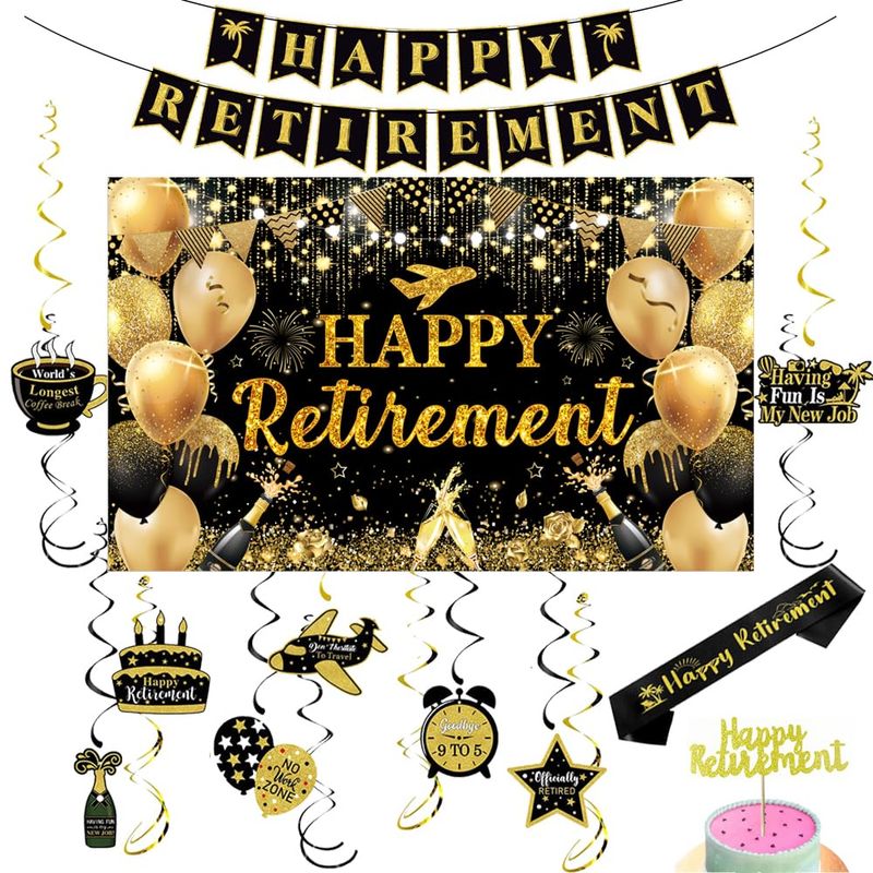 Black Gold Happy Retirement Banner Backdrop Kit with Sash,Funny Card ...