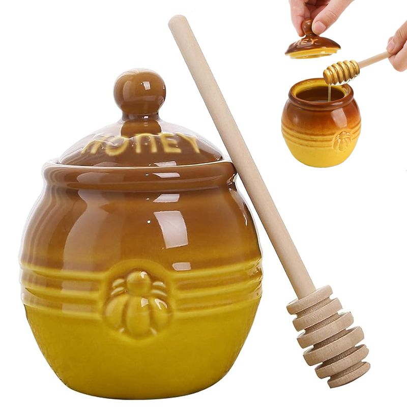 Tomuvpzn Honey Pot Ceramic Honey Pot, Ceramic Honey Jar with Wood Honey ...
