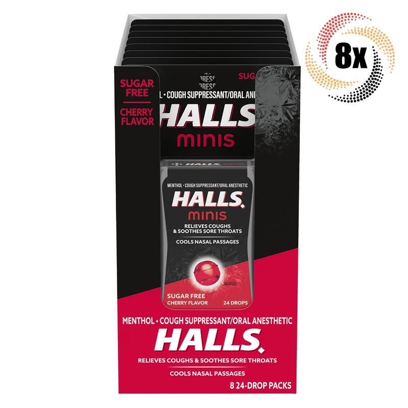 Full Box 8x Packs HALLS Minis Cherry Menthol Cough Drops | 24 Drops Per ...