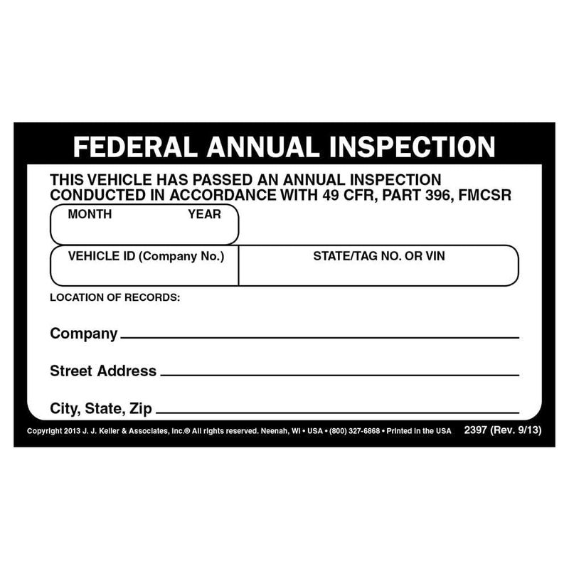 J. J. Keller 50-Pack, Federal Annual Inspection Label, Vinyl Annual ...