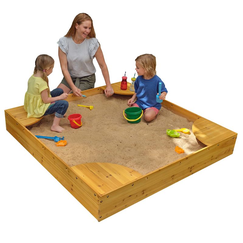 KidKraft Wooden Backyard Sandbox with Built-in Corner Seating and Mesh ...