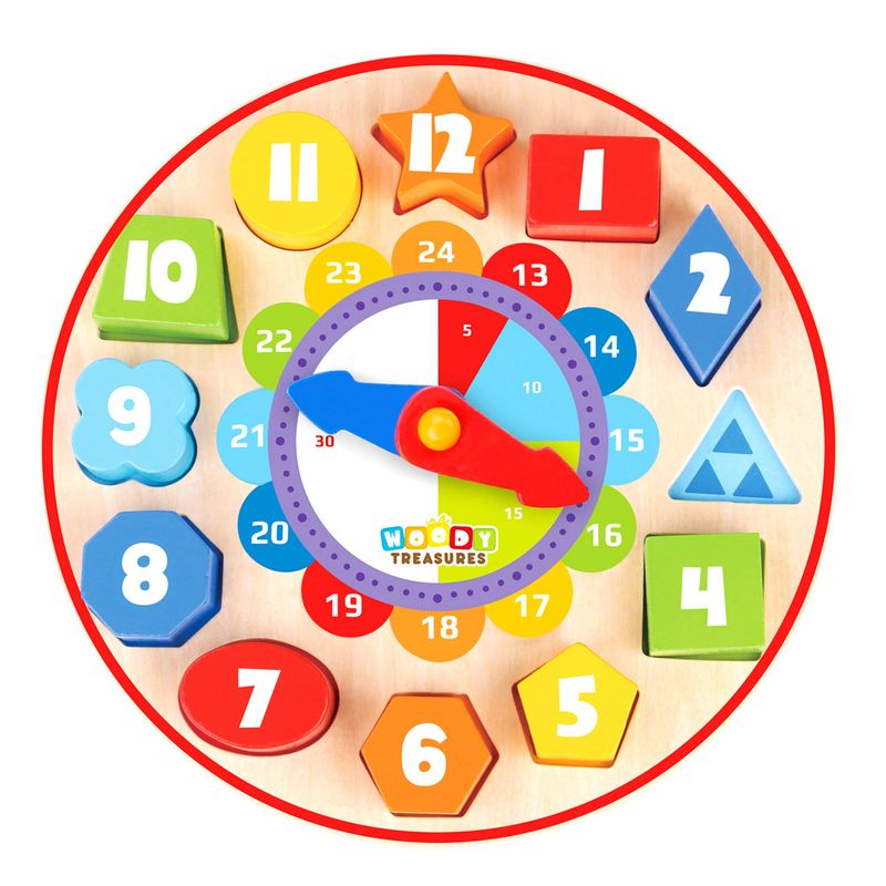 Woody Treasures Teaching Clock + Shape Sorter - Glow in the Dark Wooden ...