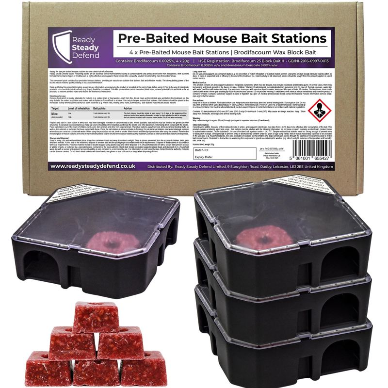 Pre-Baited Clear Mouse Control Boxes (4 x 10g), Brodifenacoum Bait ...
