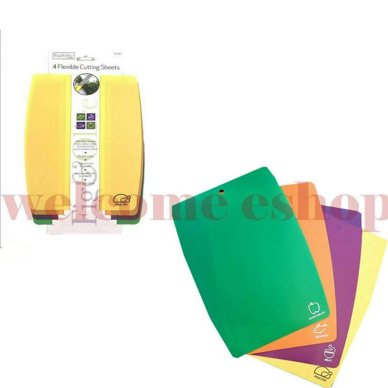 Set of 4 Flexible Chopping Boards Flexi Cutting Sheet Mats Colour Coded ...