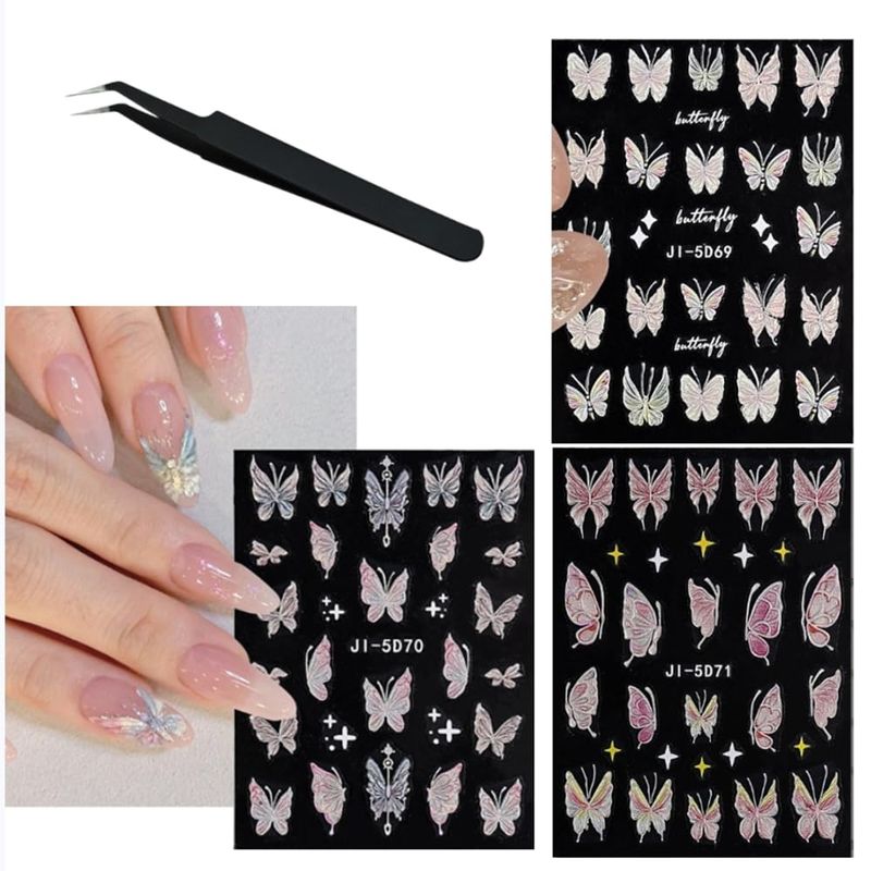 3 Sheet Butterfly Nail Art Stickers Decals Self Adhesive 5D Butterfly ...