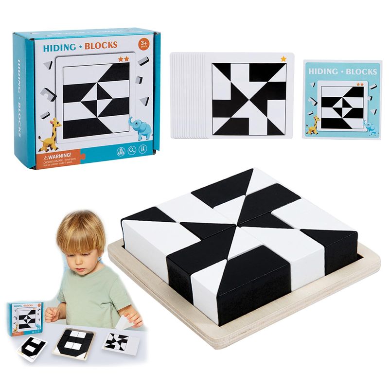 Wooden Hidden Puzzle, Pattern Blocks Set, 40 Double-Sided Design Cards ...