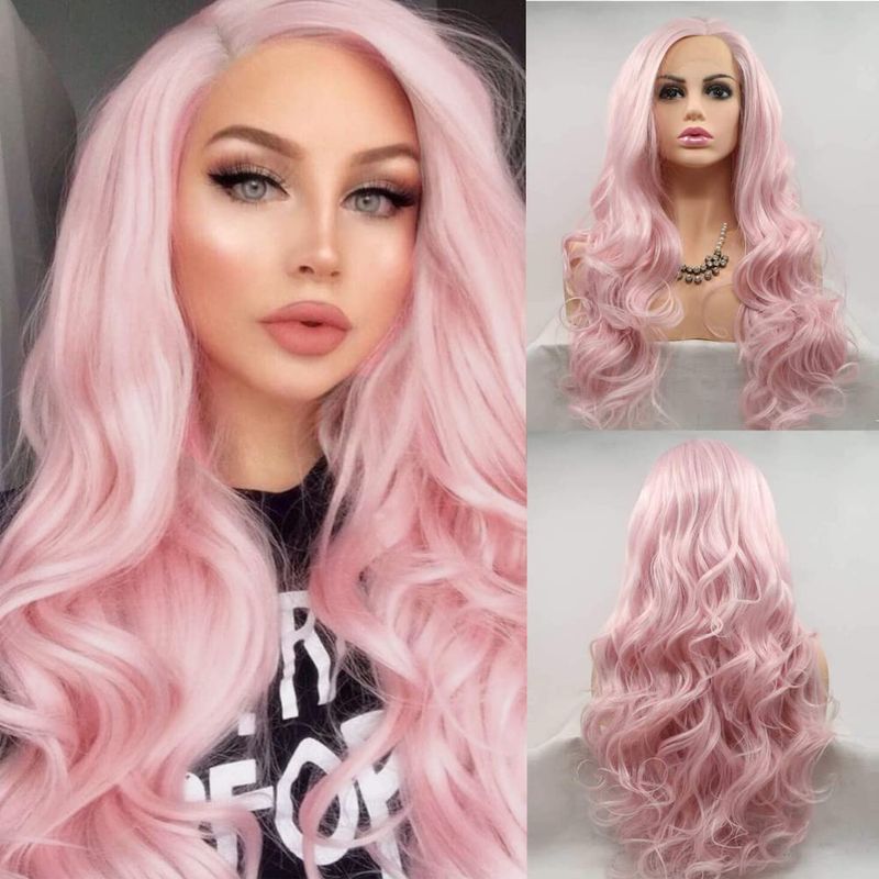 AFBeauty Pastel Pink Lace Front Wig Long Wave Synthetic Gluless Free ...