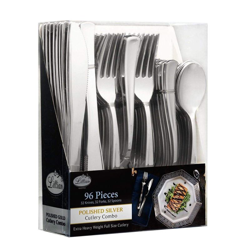 Lillian Polished Silver Extra Heavyweight Disposable Flatware Combo 96 ...