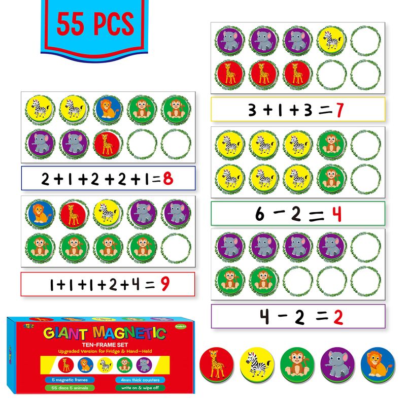 Magnetic Ten-Frame Set, 5 Frames & 55 Colorful Counters Ten Frame Math ...