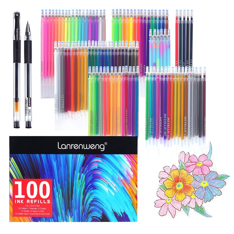 100 Pack Gel Pen Refills Glitter Metallic Pastel Fluorescence Neon Pen Ink Refills for Adult ...
